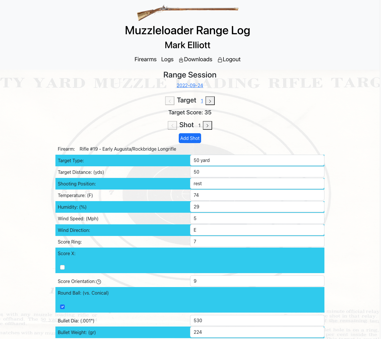 Muzzleloader Range Log - Mark Elliott